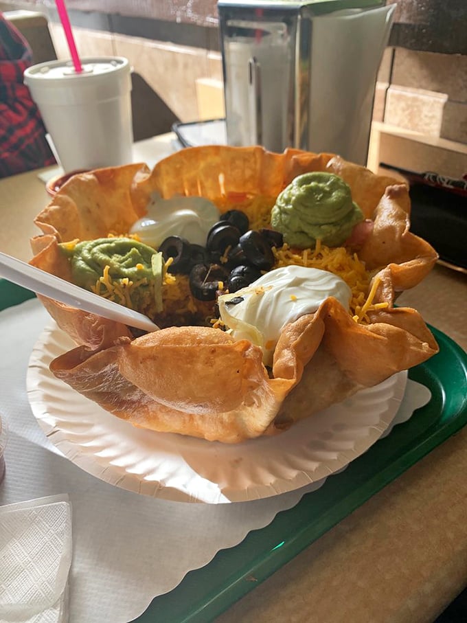 Behold the taco salad that's become the stuff of Central Valley legend &ndash; crispy, fresh, and absolutely magnificent. 