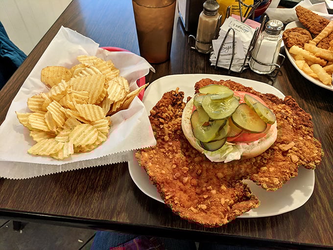 The legendary tenderloin in all its glory &ndash; a golden-brown disc of perfection that makes the bun look like it's playing a supporting role.