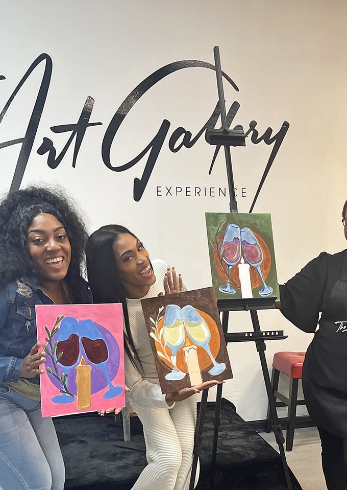 Creative spirits find their canvas at the Art Gallery Experience, where paint nights transform novices into artists with a little help from wine.