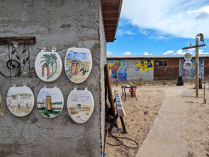 Desert creativity knows no bounds&mdash;even toilet seats become canvases at this quirky art installation, where one person's bathroom fixture is another's masterpiece.
