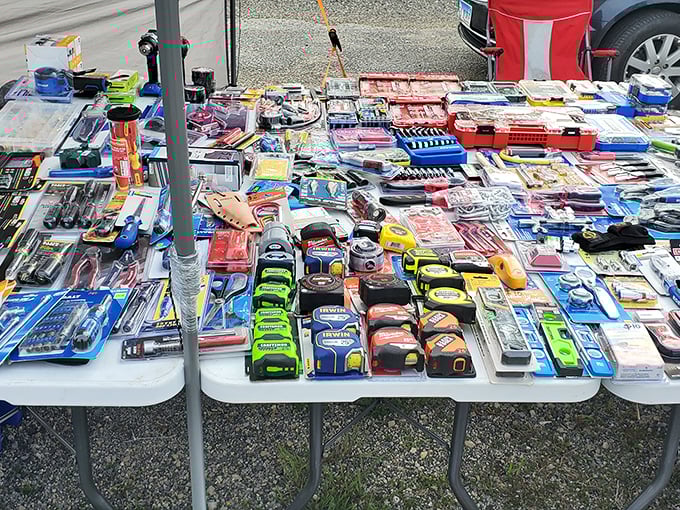 Tool heaven for the handy shopper. This table holds enough gadgets to fix everything from a wobbly table to a midlife crisis.