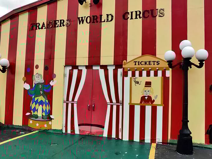 Step right up to the whimsical circus-themed building! This red-and-yellow striped facade promises the kind of entertainment money actually can buy.