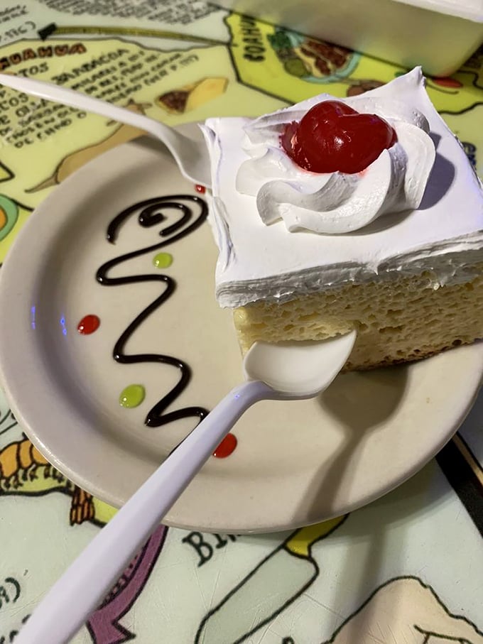 This tres leches cake isn't just dessert, it's therapy. The cloud of whipped cream and cherry on top signal the sweet finale to your Mexican feast.