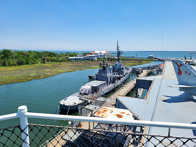 The "Fighting Lady" in all her glory – this aircraft carrier's massive silhouette against the sky makes skyscrapers seem like Lego buildings by comparison.