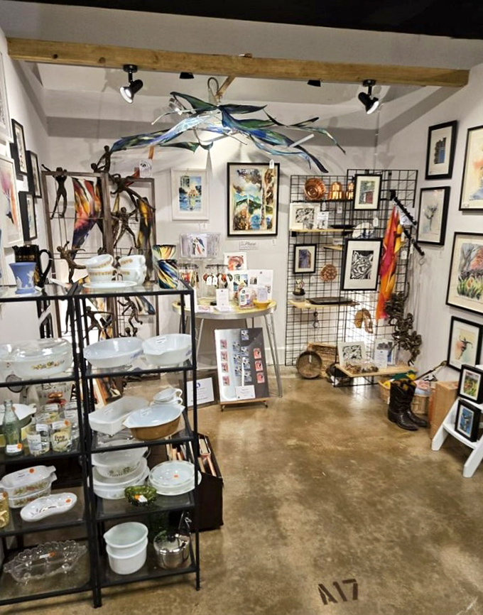 Art meets function in this corner where colorful dishes and framed artwork create a gallery of everyday beauty from yesteryear.