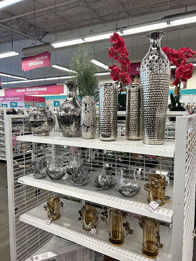 Sleek metallic vases that would cost a fortune elsewhere sit pretty on these shelves, ready to elevate any Florida home.