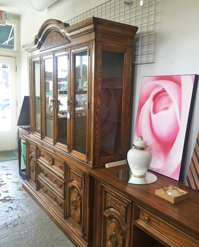 Vintage furniture with stories to tell. This ornate cabinet has probably witnessed more family dinners than most food critics&mdash;and it's ready for its next chapter.