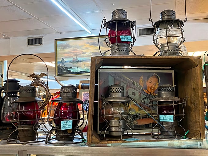 These aren't just lanterns; they're portable time machines that once illuminated railway stations and ships before finding their way to this antique sanctuary.