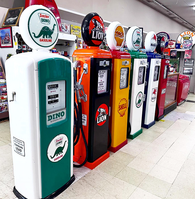 Gas pumps from when attendants wore bow ties and checked your oil. Sinclair's dinosaur logo reminds us these relics are indeed from another era.