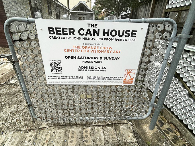 Even the welcome sign stays on-brand! This information display cleverly incorporates beer cans into its frame&mdash;waste not, want not.