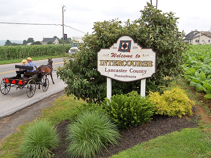 The town sign that launched a thousand souvenir t-shirts. Yes, it's really called Intercourse, and yes, your uncle will definitely make a joke about it.