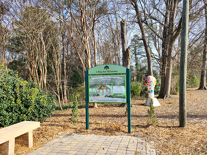 Even in winter, Hatcher Garden welcomes visitors with informative signage and the promise of renewal. Nature's "We're Open" sign never dims.