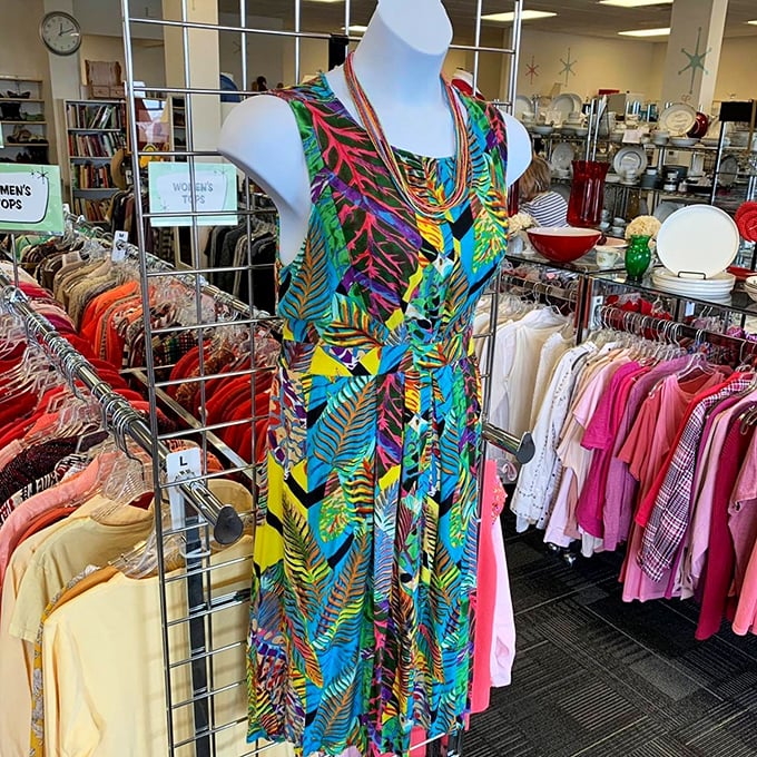 Tropical vibrancy meets budget-friendly fashion. This colorful dress would be right at home at a Madison lakeside party or a Caribbean getaway.