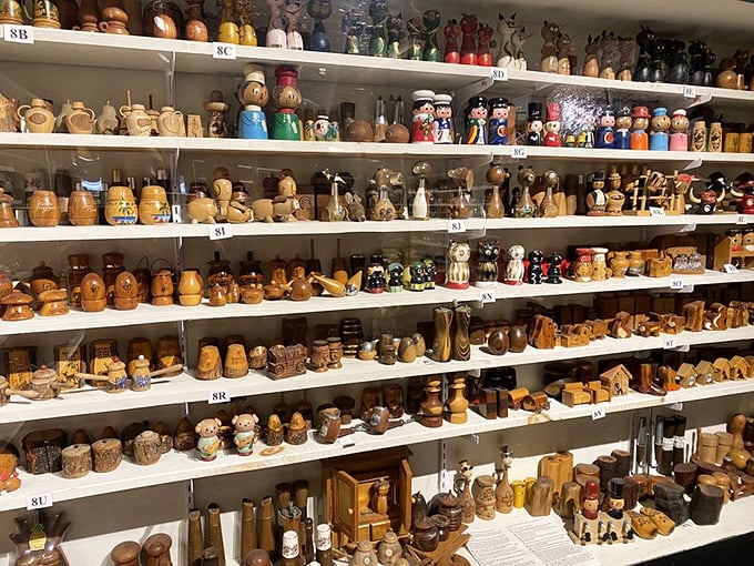 Wooden wonders line the shelves like tiny sculptures. From folk art to fine craftsmanship, these shakers elevate the humble material to art form.