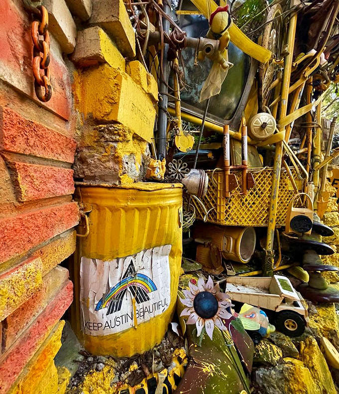 The "Keep Austin Weird" mantra finds its perfect expression in this sunny yellow corner where everyday objects transform into accidental art.