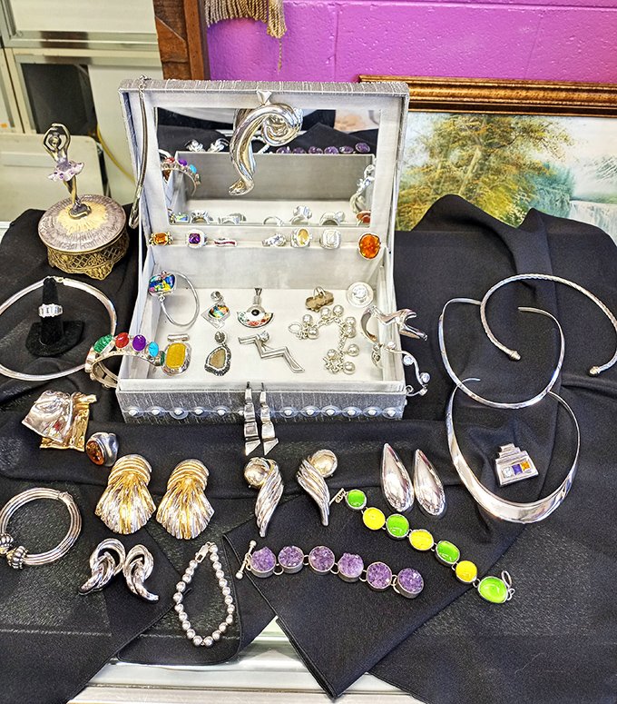 Silver and gemstones glitter like appetizers at a fancy cocktail party. Each piece tells a story from another era.