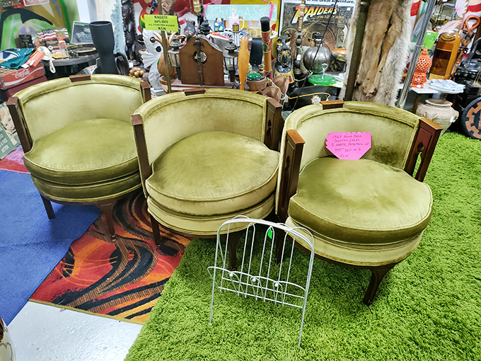 These avocado-green velvet chairs aren't just seating&mdash;they're time machines to cocktail parties where The Rat Pack might have lounged.