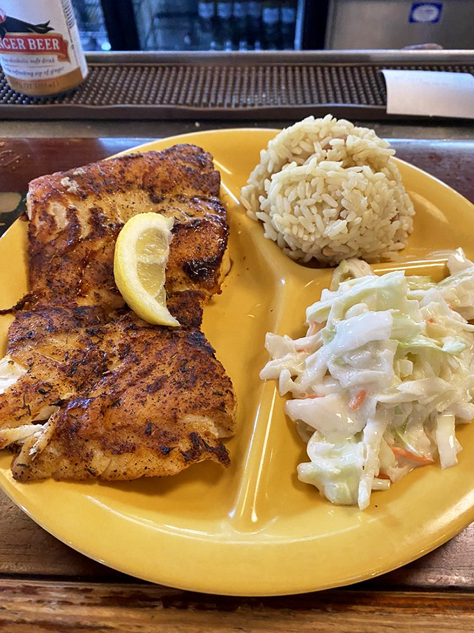 Blackened grouper that's actually blackened, not just sprinkled with spices as an afterthought. Florida seafood done right.