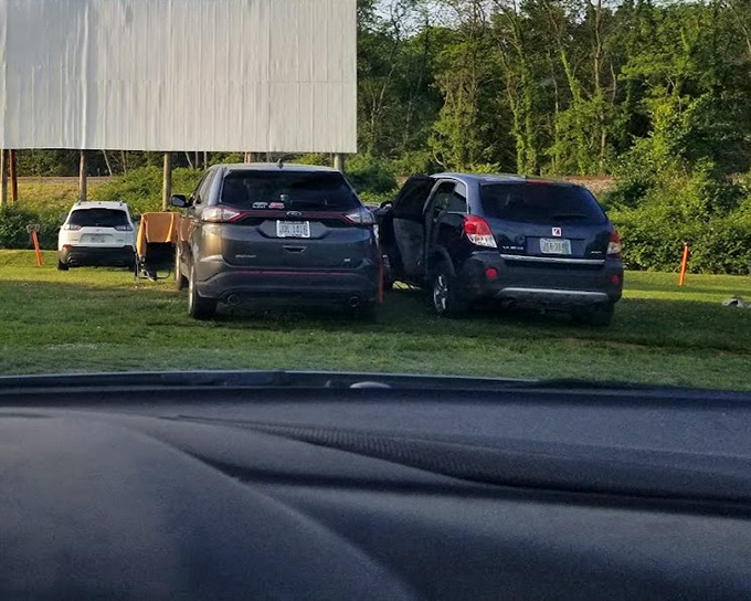 The massive white screen awaits twilight's embrace. Soon, stories will unfold against the backdrop of Ohio's starry sky, creating memories that outlast the credits.