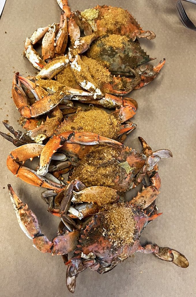 These spice-crusted beauties are why Marylanders own mallets. J.O. seasoning-covered blue crabs &ndash; nature's puzzle with a delicious prize inside.