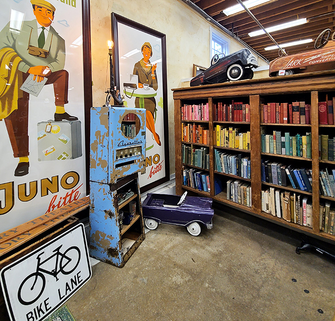 Vintage books organized by color create a rainbow of literary history, while that old Juno vending machine probably has stories of its own.