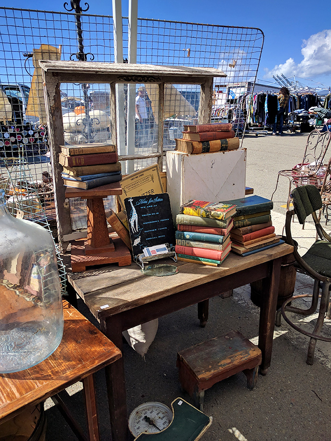 Literary treasures await the curious browser. These weathered volumes and vintage display cabinet have stories to tell beyond what's printed on their pages.
