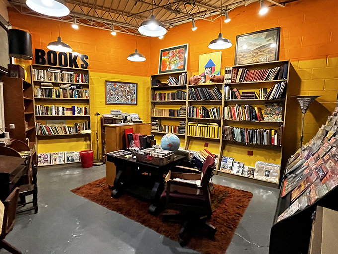 The vibrant yellow book nook feels like stepping into the personal library of a quirky professor who never met a subject they didn't find fascinating.