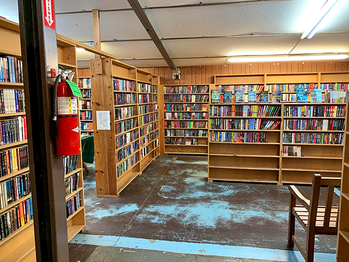 Wooden shelves create intimate reading corridors where bibliophiles can lose themselves for hours. The worn floors tell stories of countless treasure hunters who came before you.