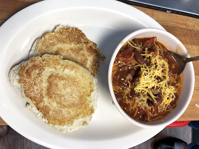 Cornbread and chili – the breakfast of champions who understand that starting your day right means starting it with something that sticks to your ribs.