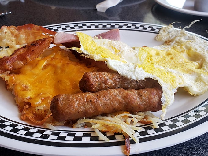 Breakfast nirvana on a plate &ndash; perfectly cooked eggs, sausage links that snap just right, and hashbrowns with that golden crust we all chase.