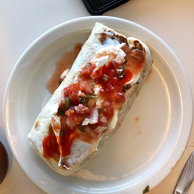 The breakfast burrito in its natural habitat&mdash;a simple white plate that knows it's merely the stage for this tortilla-wrapped masterpiece of morning perfection.