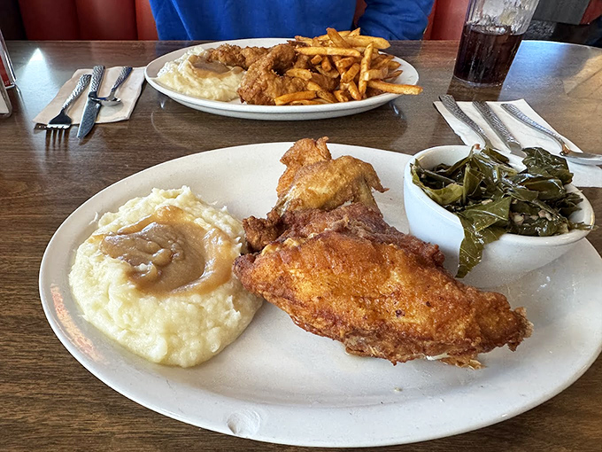 Southern comfort meets California sunshine on this plate. That golden fried chicken and cloud-like mashed potatoes would make any grandmother proud.