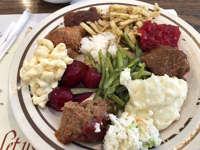 The buffet spread showcases colorful Pennsylvania Dutch specialties that would make any grandmother beam with pride.