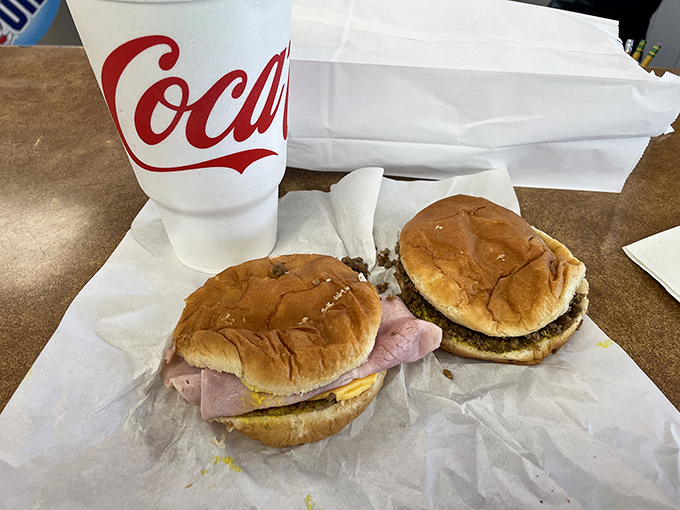 Lunch of champions! The humble ham sandwich and classic Maid-Rite sit side by side, ready to transport you to simpler, more delicious times.