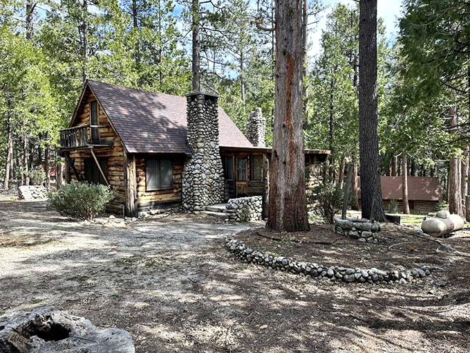 Rustic luxury defined: A stone chimney and log walls that whisper, "Put down your phone and remember what vacation actually means."