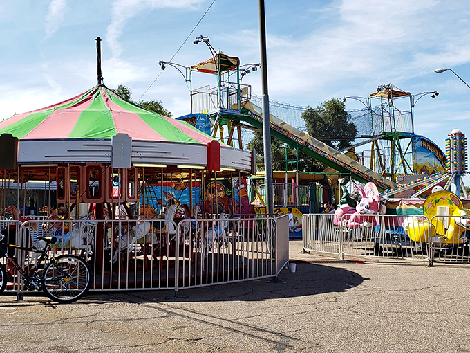 Carnival rides add unexpected whimsy to this treasure hunting paradise for all ages.