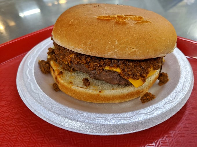 Behold the famous chili cheeseburger in all its messy glory&mdash;where the meat-to-bun ratio defies physics and napkins are not optional but mandatory.