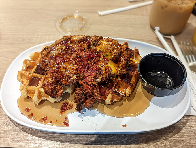 Chicken and waffles that redefine breakfast rebellion&mdash;crispy, savory, sweet, and maple-drenched in perfect harmony.