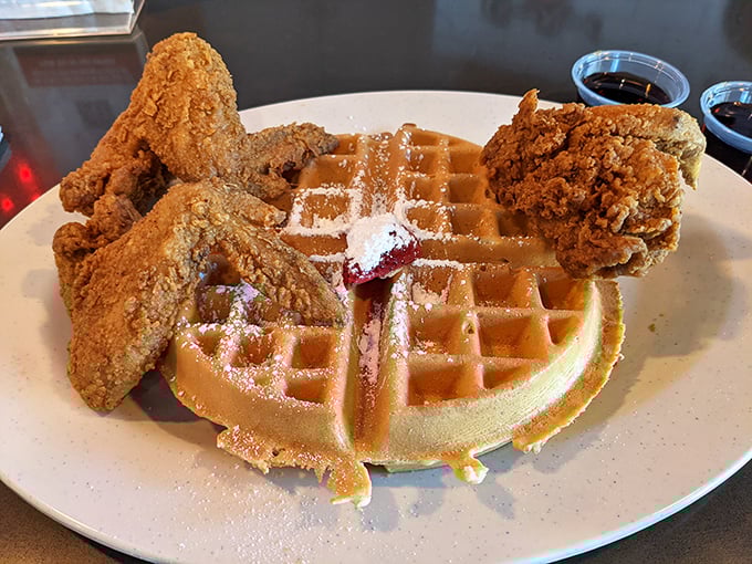 Chicken and waffles: where breakfast and dinner collide in perfect harmony. That golden-brown crunch is the soundtrack to happiness.
