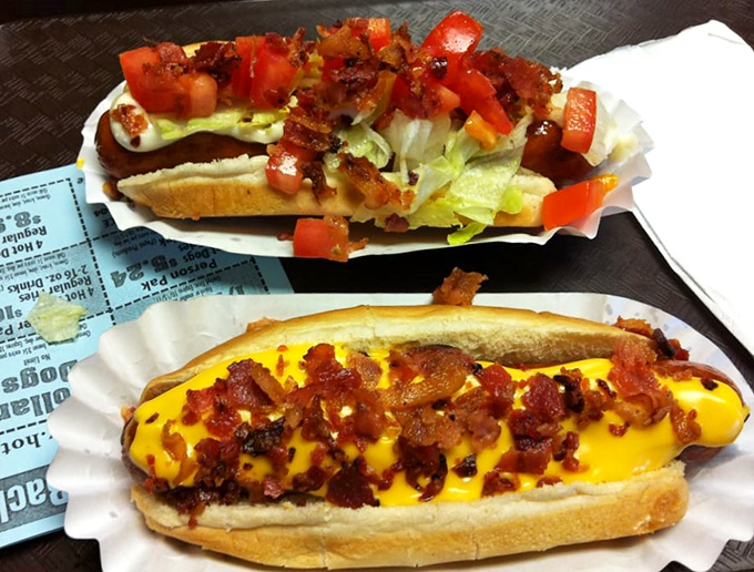 Heaven on a bun: The legendary hot dogs come dressed to impress, with the bacon-topped cheese dog stealing the show alongside its fresh-dressed companion.