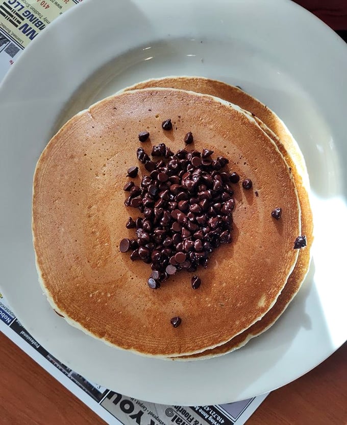 These chocolate chip pancakes aren't just breakfast&mdash;they're edible therapy with melty morsels arranged like a constellation of sweet possibility.