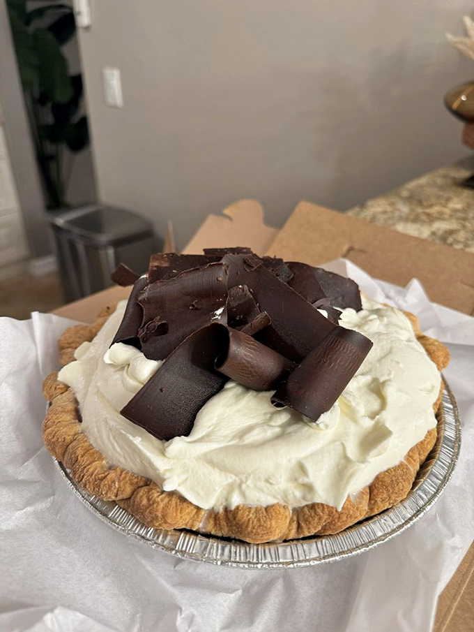 Chocolate cream pie crowned with dark shavings, because sometimes life demands the full decadent treatment without apology.