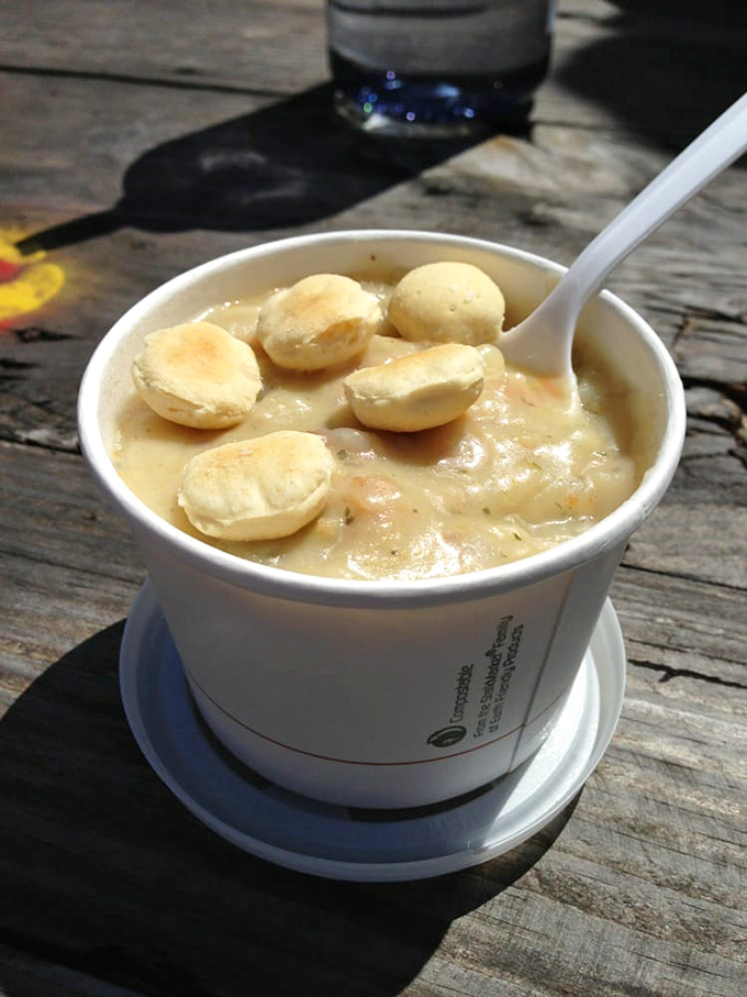 Clam chowder that doesn't hide behind fancy garnishes, just honest-to-goodness creamy comfort topped with oyster crackers that practically beg to dive in.