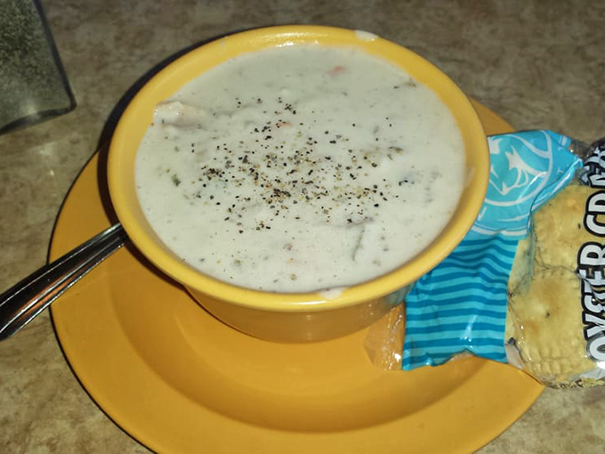 The legendary clam chowder arrives in its sunshine-yellow throne. Creamy, peppery perfection that makes New England versions nervously look over their shoulders.