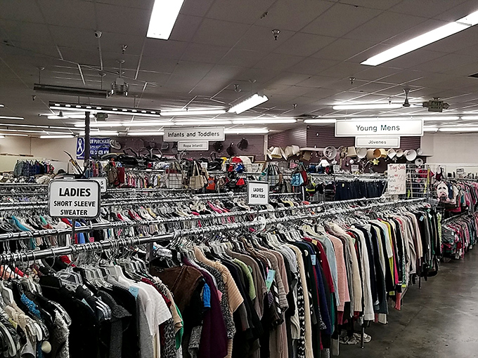 The clothing section stretches toward infinity. Somewhere in this textile sea is the perfect sweater you didn't know you needed.