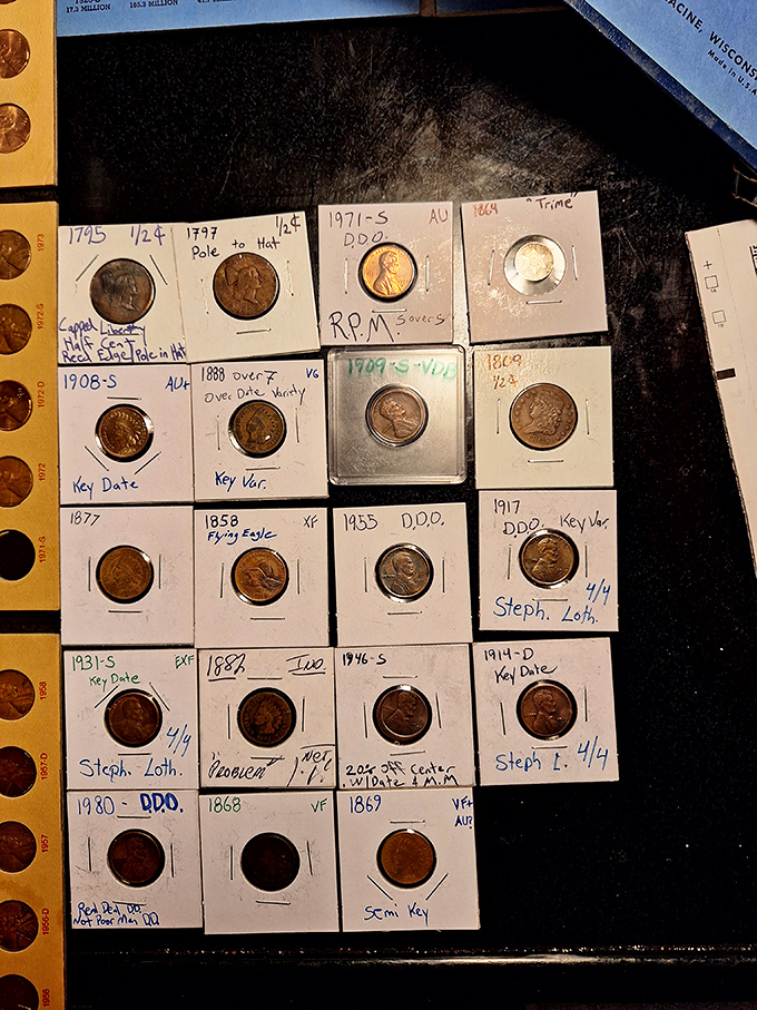 Numismatist heaven unfolds in these carefully labeled coin holders. Each tiny metal disc carries stories spanning centuries&mdash;portable time machines for the pocket.