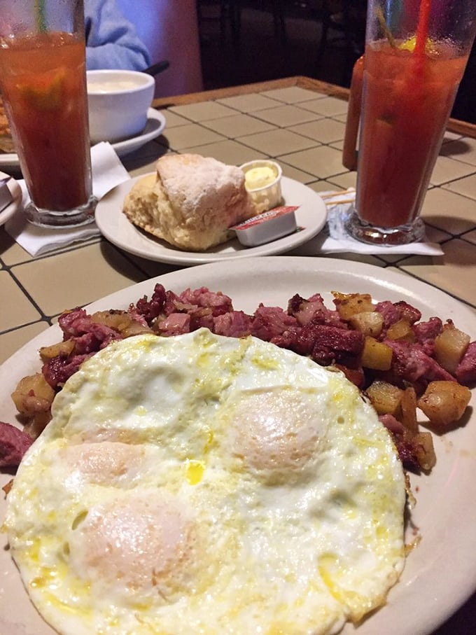 Corned beef hash that doesn't come from a can, paired with sunny-side-up eggs and a biscuit that could make a Southern baker weep with joy.