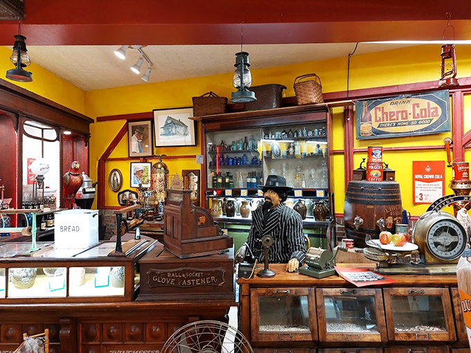 Not just lunch boxes! This vintage general store display transports you to a time when soda fountains were social hubs.