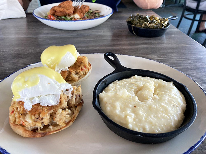 Behold the star attraction: crab cakes that are actually crab (imagine that!) served with creamy grits that would make any Southern grandmother nod in approval.