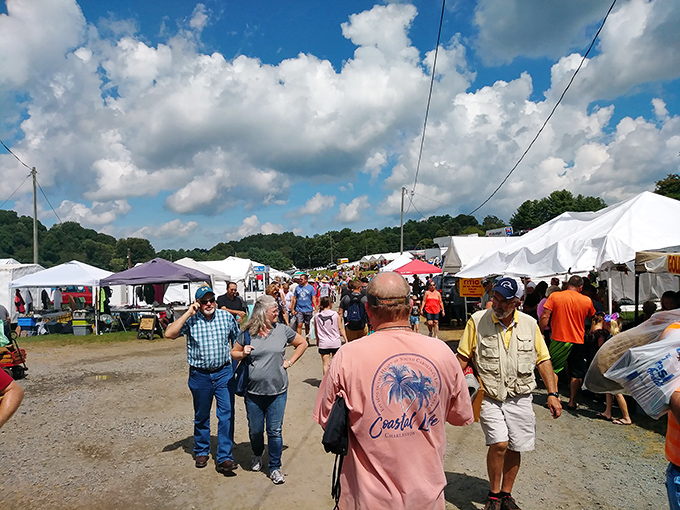 The human tide of bargain hunters flows between white tents. Under blue Virginia skies, the thrill of discovery keeps everyone moving.
